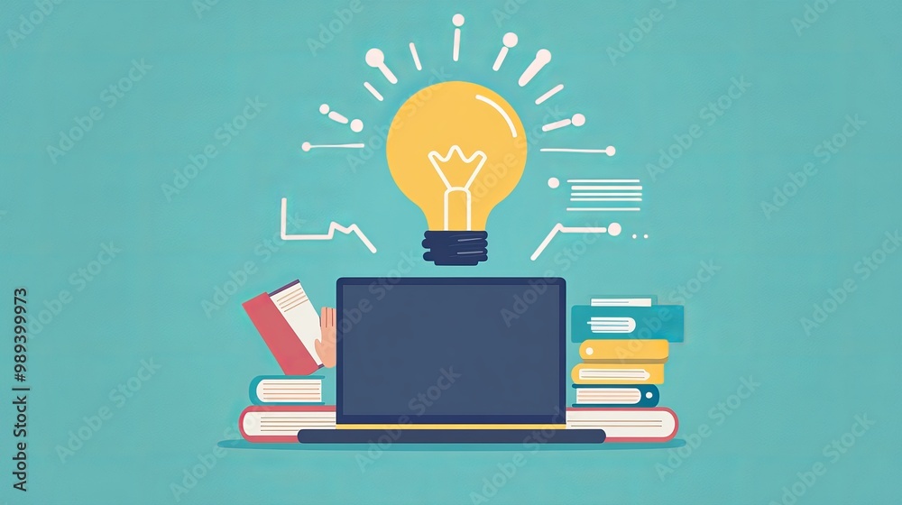 A stylish design showing online learning. It features a laptop, a hand ...