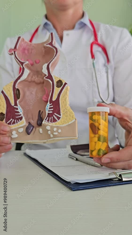 Doctor holds model of unhealthy lower rectum with inflamed vascular ...