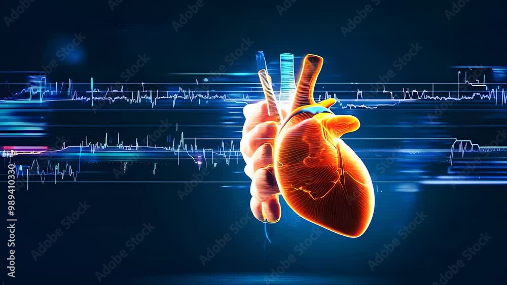 Digital representation of a human heart with medical data and heartbeat ...