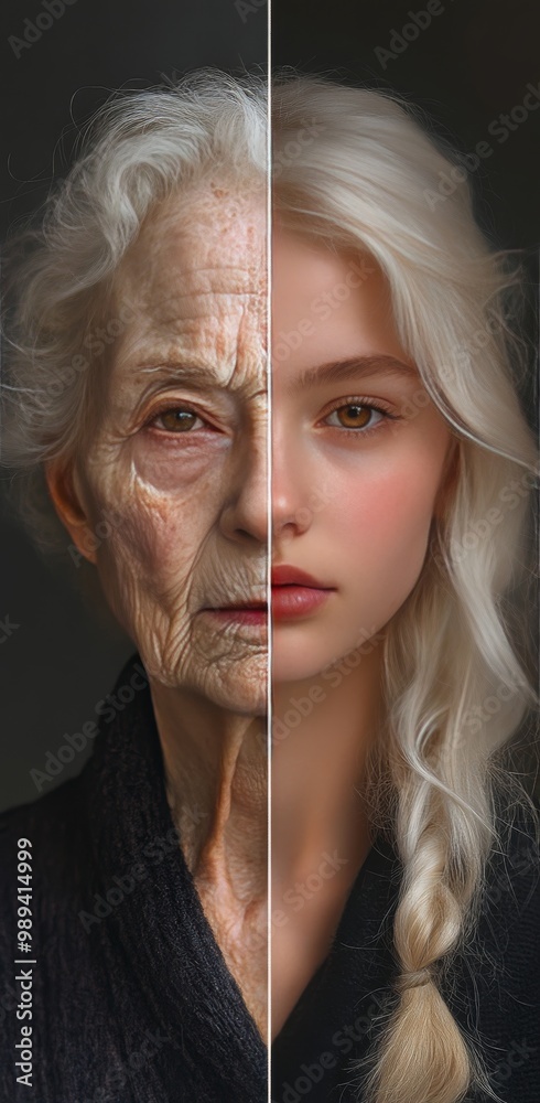 A split-screen photograph of an elderly woman on the left side with ...