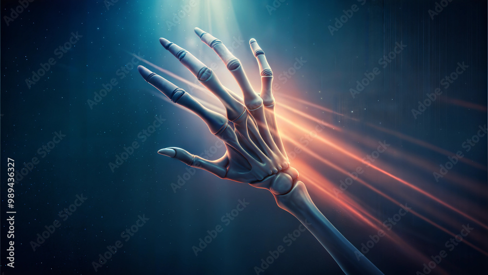 Artistic depiction of a skeletal hand reaching out, illuminated by ...