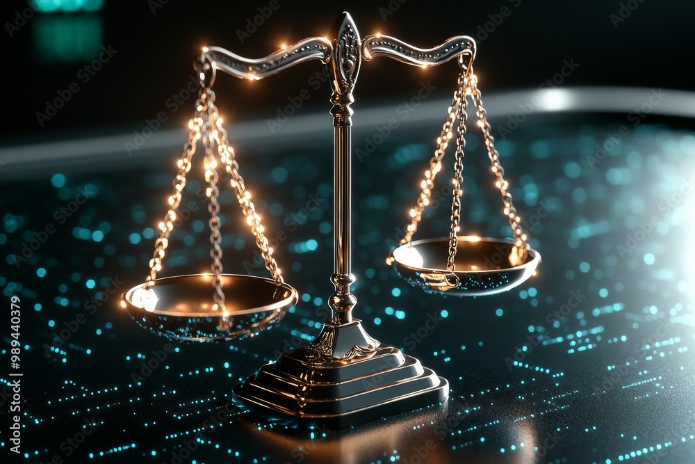 A 3D-rendered scales of justice, perfectly balanced, with glowing ...