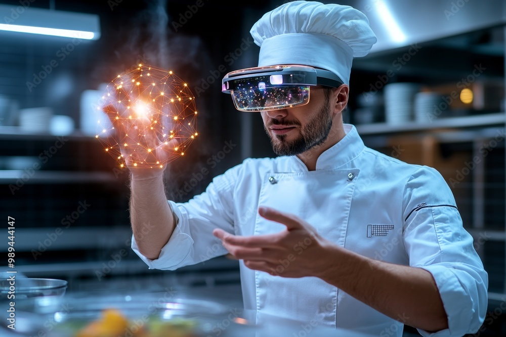 A futuristic chef wearing AR glasses, controlling the cooking process ...