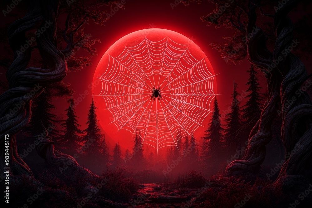 A giant spider web glowing in the red light of a full moon, stretching ...