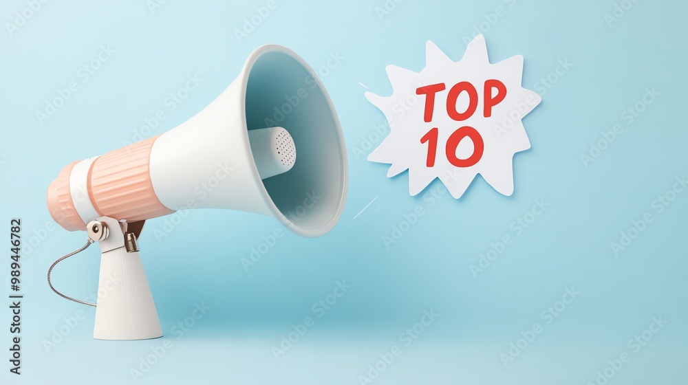 Megaphone announcing Top 10 on a blue background. Concept of ranking ...