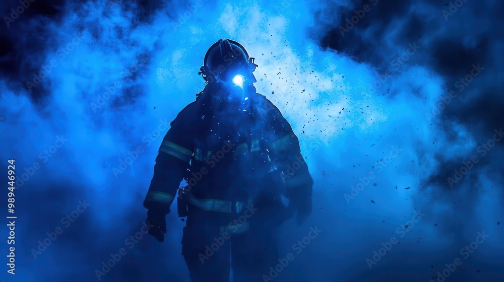 heroic firefighter silhouette emerging from billowing smoke backlit by ...