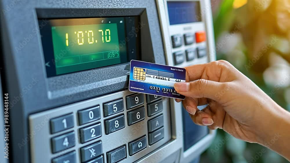 A woman makes a payment by inserting her card into a sleek terminal ...