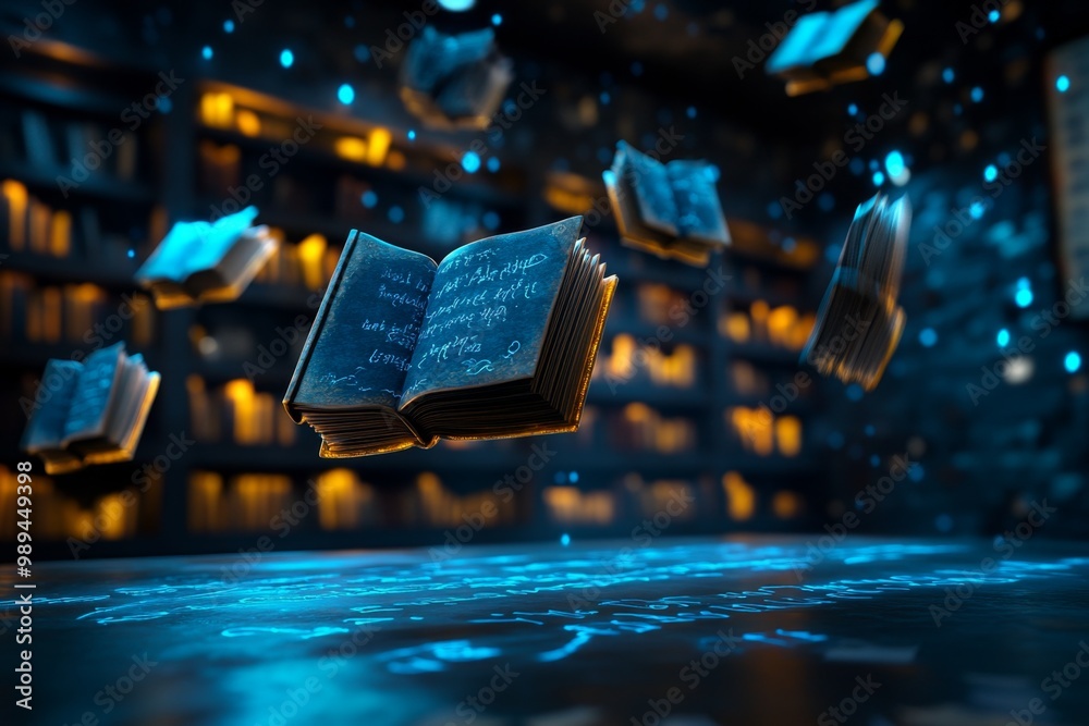 A magical school classroom, where enchanted books float in the air and ...