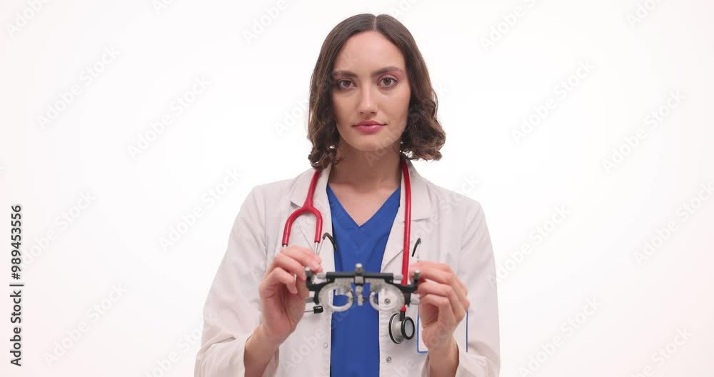 Woman doctor in uniform holds trial frame of eyeglasses on white ...