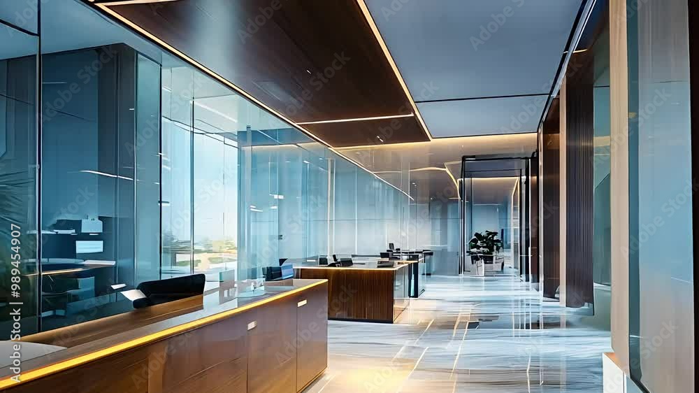 Modern office lobby with sleek glass walls, open space design featuring ...