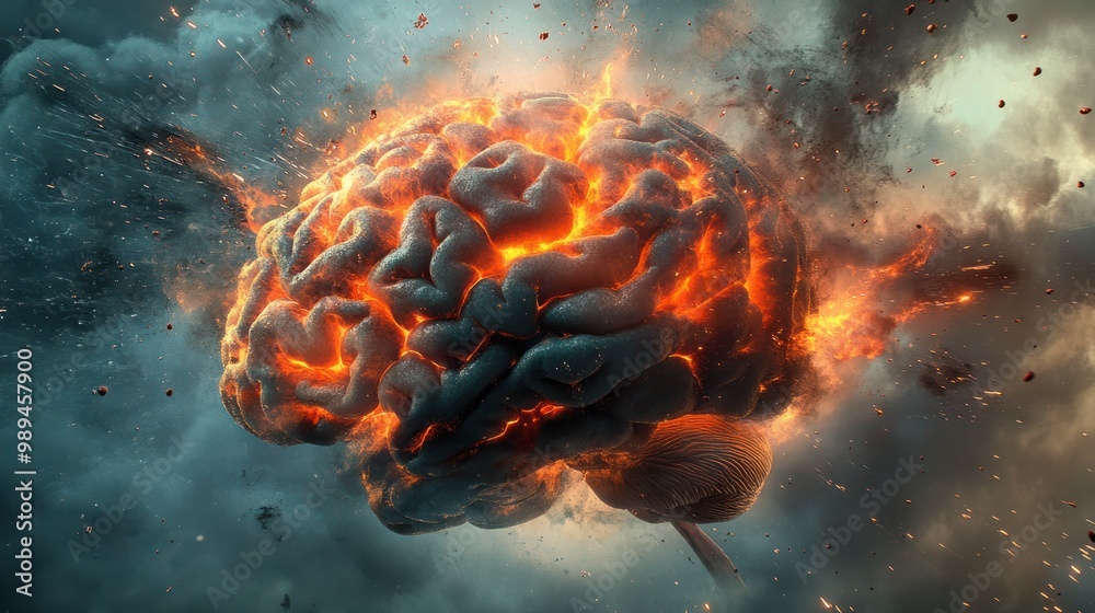 Concept art of a human brain exploding with knowledge and creativity ...