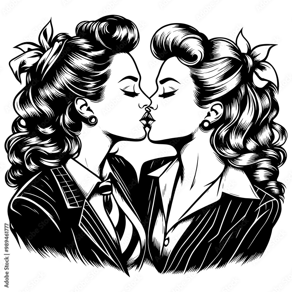two businesswomen sharing a kiss, intimate moment with vintage charm ...