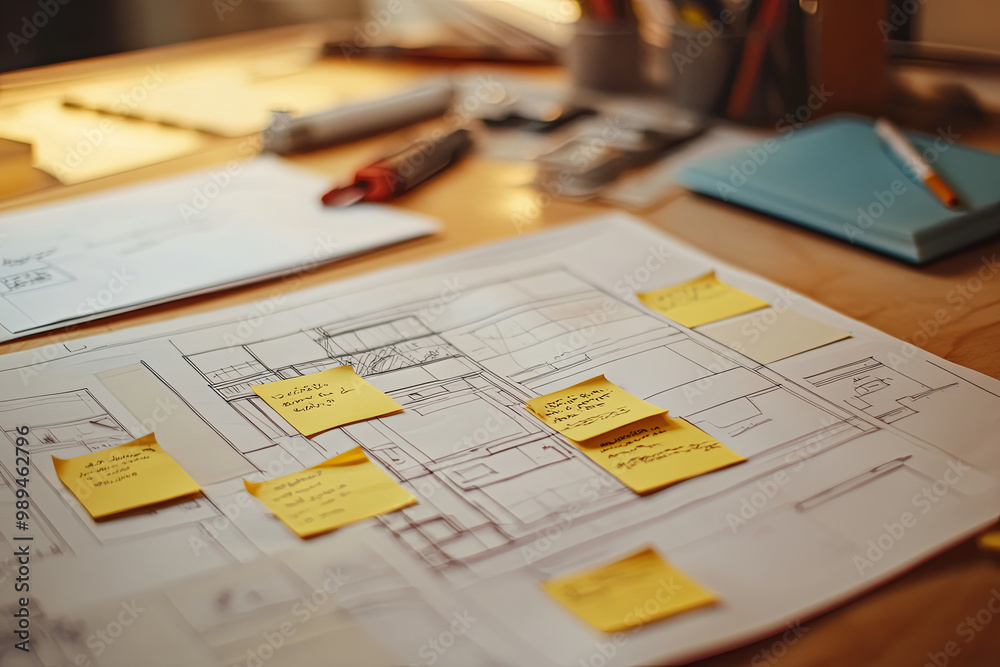 Blueprints with sticky notes and bookmarks for important sections Stock ...