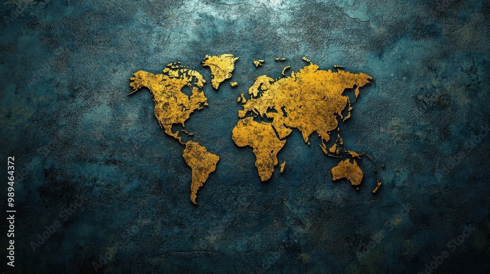 An artistic depiction of a world map crafted from gold on a textured ...