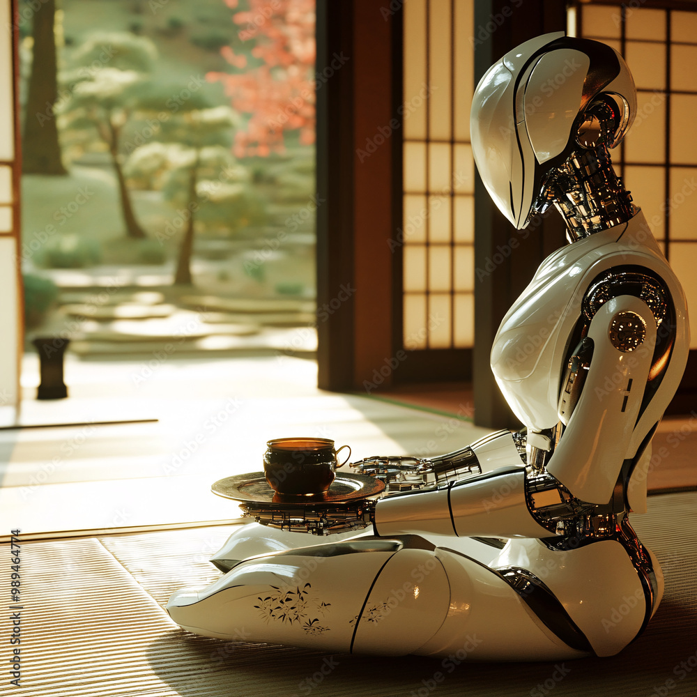 Android geisha in traditional Japanese kimono performing tea ceremony ...