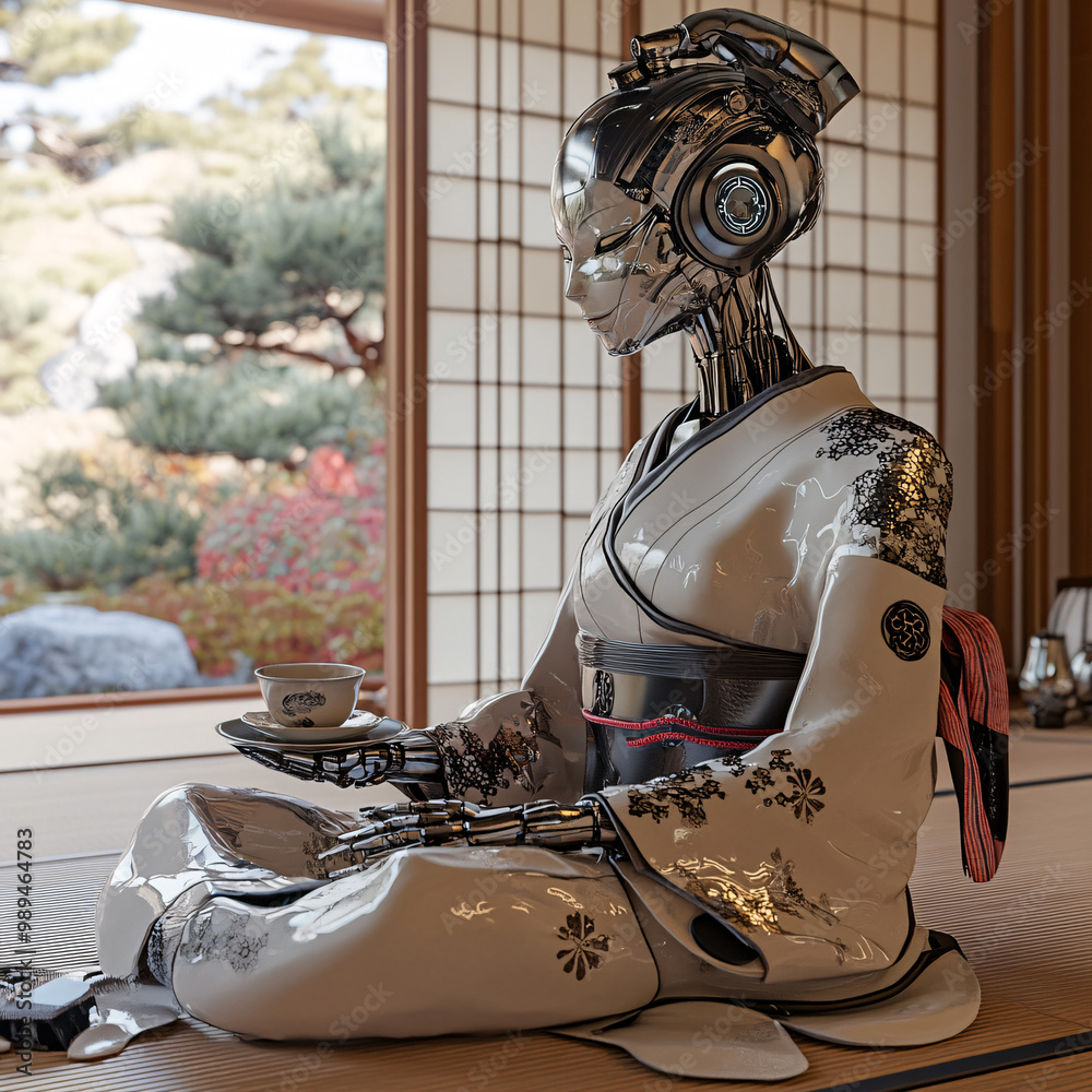 Android geisha in traditional Japanese kimono performing tea ceremony in tatami room, blending ...
