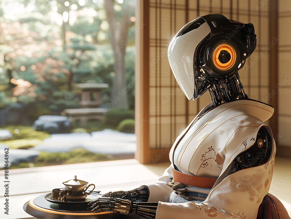 Android geisha in traditional Japanese kimono performing tea ceremony ...