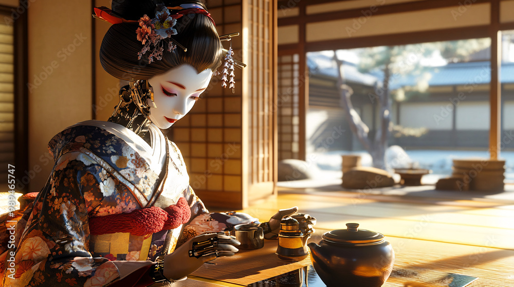 Android geisha in traditional Japanese kimono performing tea ceremony ...