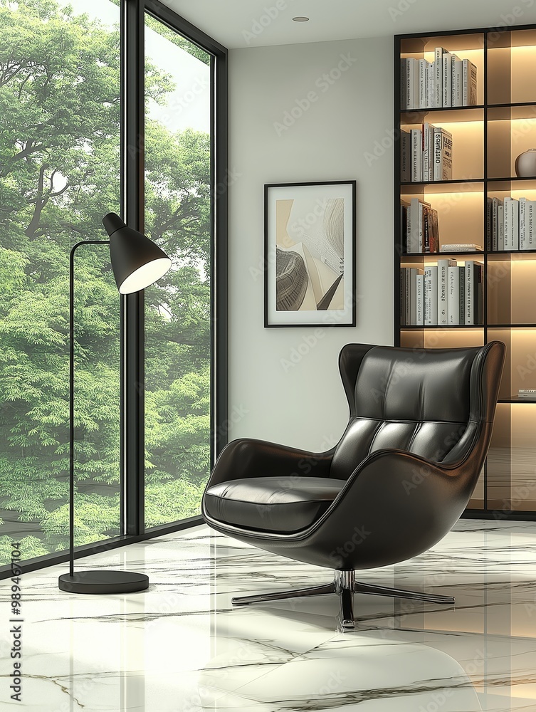 Modern minimalist reading corner with leather chair, floor lamp, and a ...