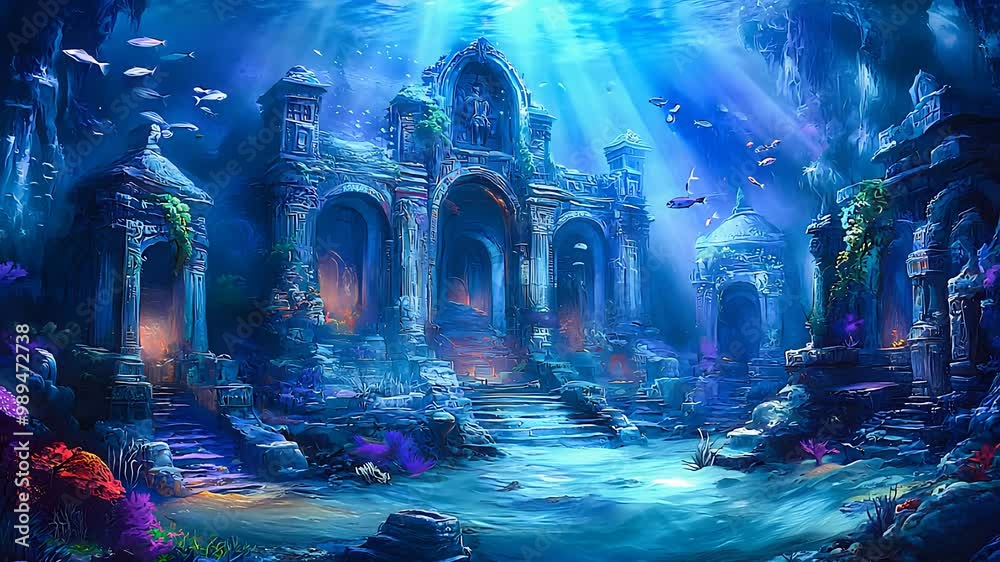 Underwater ancient ruins, mystical sunken city, submerged architecture ...