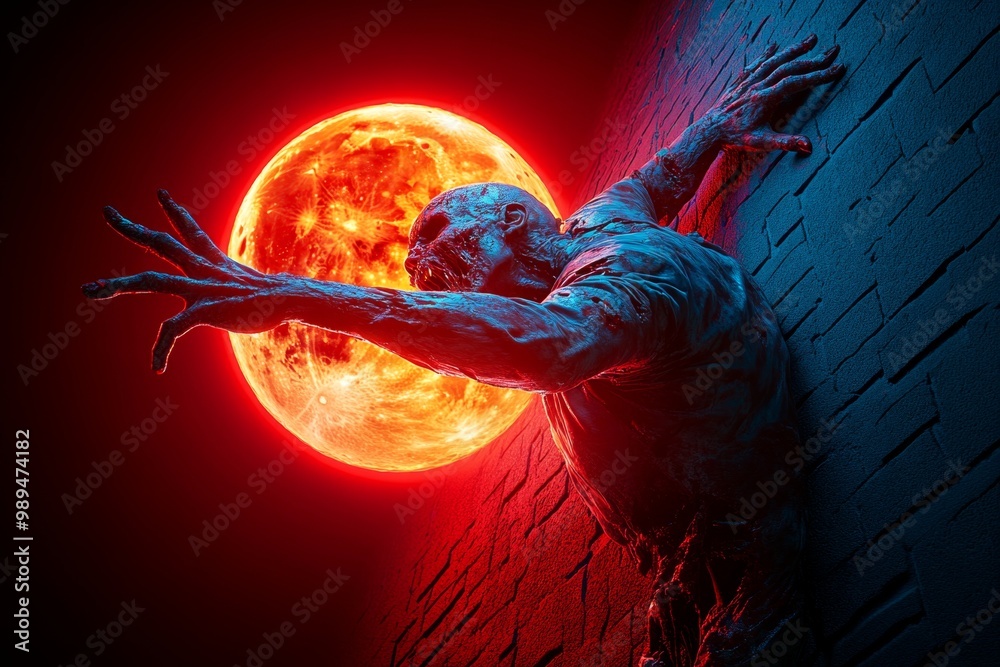 A decaying zombie reaching out from the shadows, its grotesque form ...