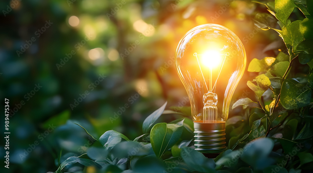 A light bulb in vibrant greenery symbolizes the transition to renewable ...