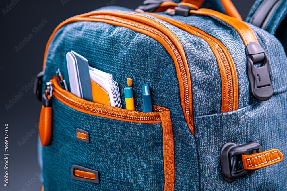 A hyper-realistic close-up of a student's backpack, showing the ...