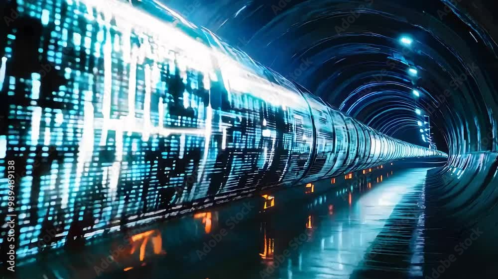 Futuristic high-speed data tunnel with glowing digital patterns ...
