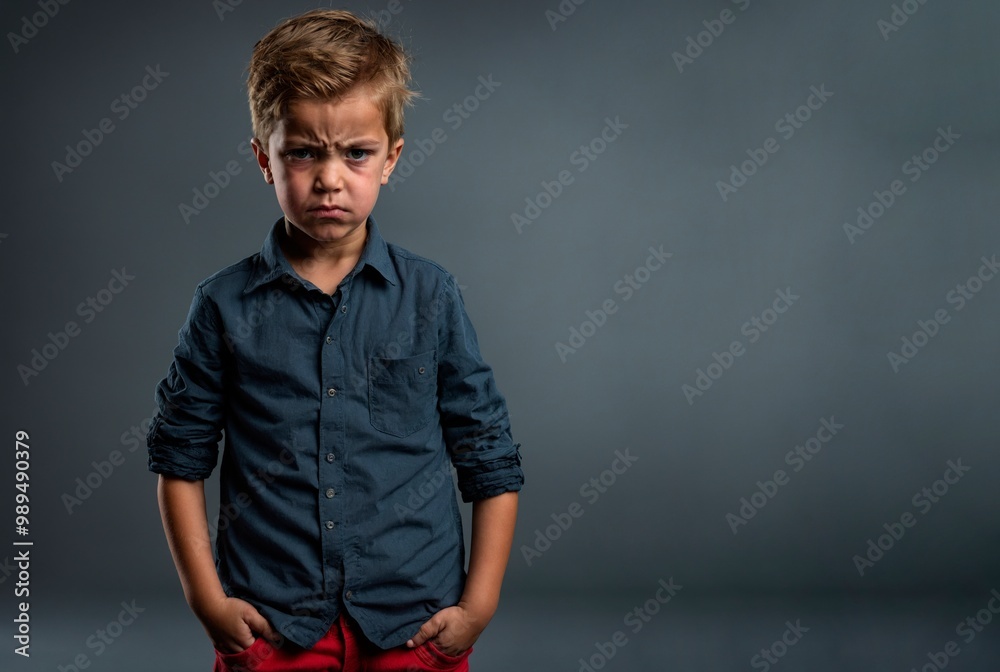 Cute young boy stands with a pouty expression, clearly upset about ...
