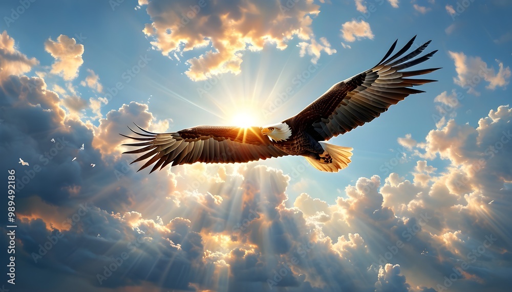 Majestic eagle soaring through sunlit clouds, embodying the spirit of ...