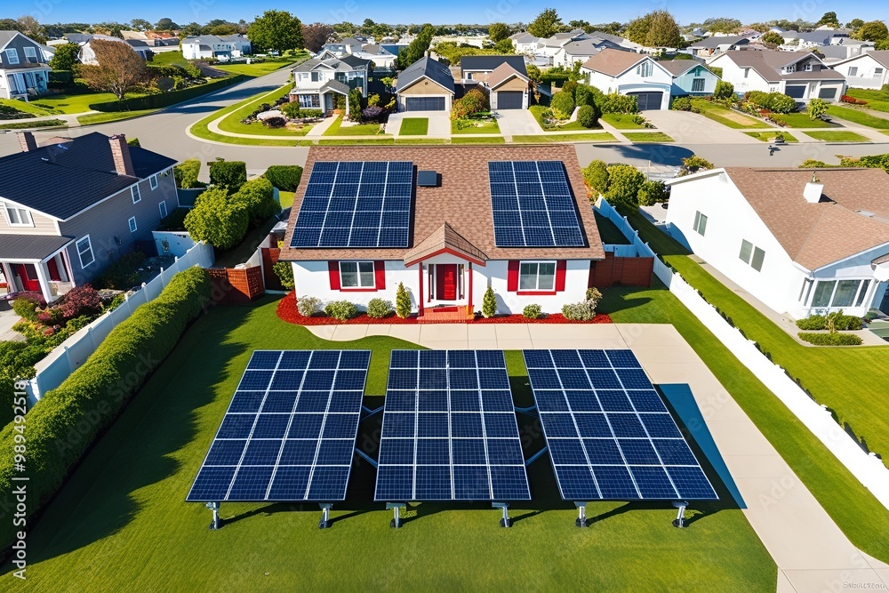 Aerial view of a residential neighborhood featuring a house with solar ...
