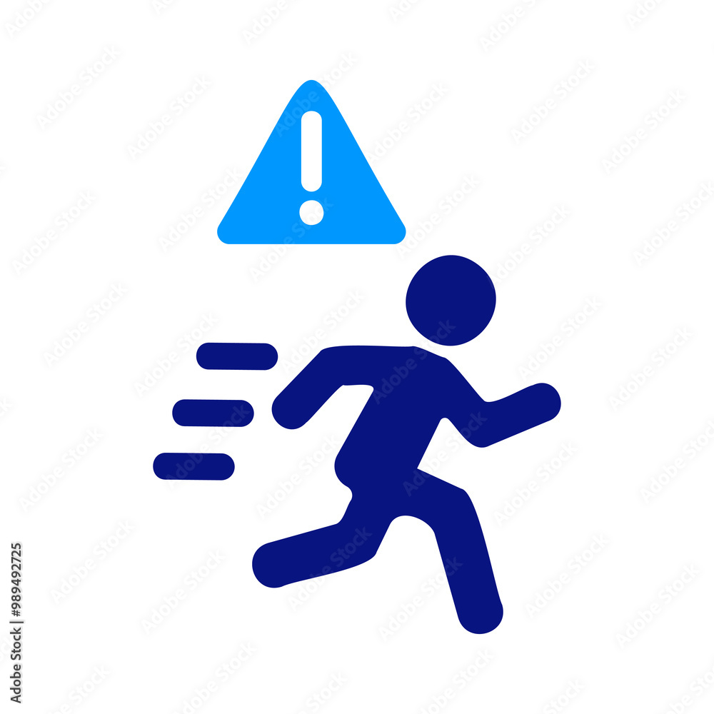 Running figure with a blue warning triangle, representing emergency ...