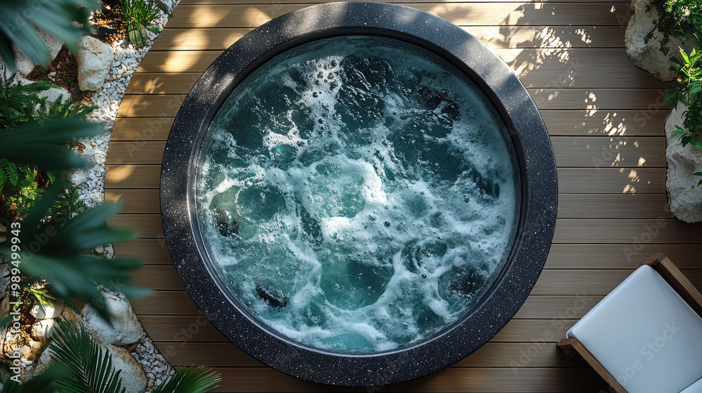 Overhead view of a bubbling hot tub set in a lush outdoor environment ...