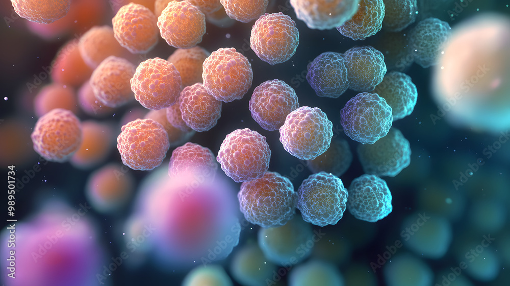 Staphylococcus aureus, Cluster of spherical bacteria magnified under a ...