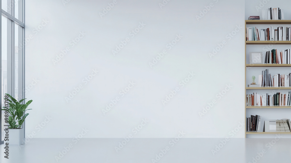 Modern public library interior with empty blank wall, natural light ...