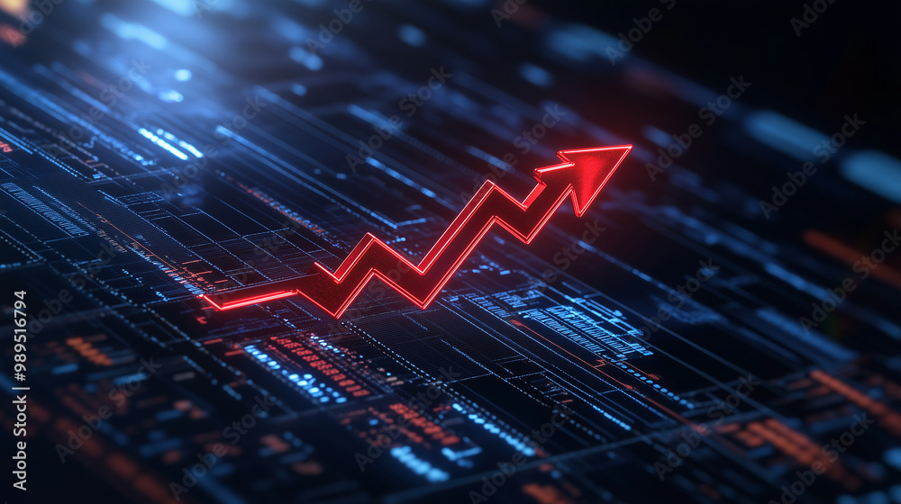 The red arrow soaring in a 3D business graph symbolizes a marked ...