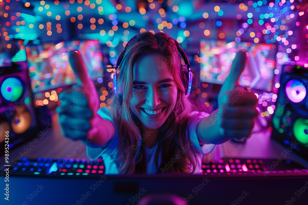 A girl YouTuber or streamer in her recording setup giving a thumbs up ...