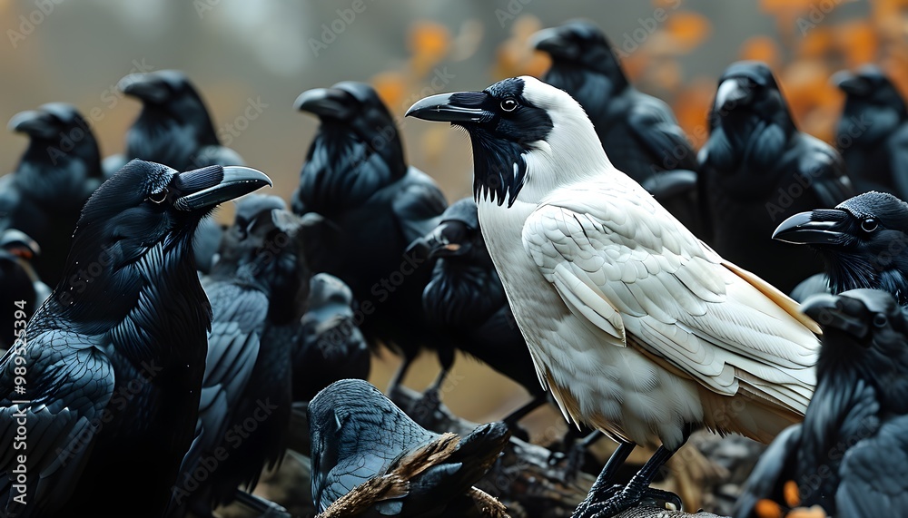 Unique white crow among black crows symbolizing individuality and the ...