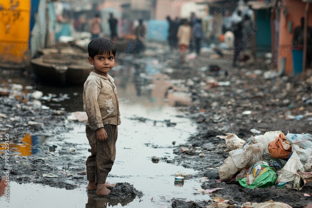 A young boy stands barefoot in a polluted alley of a crowded urban slum ...