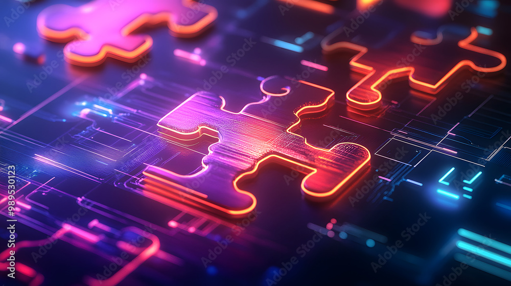 API integration concept with neon puzzle pieces interlocking on a ...