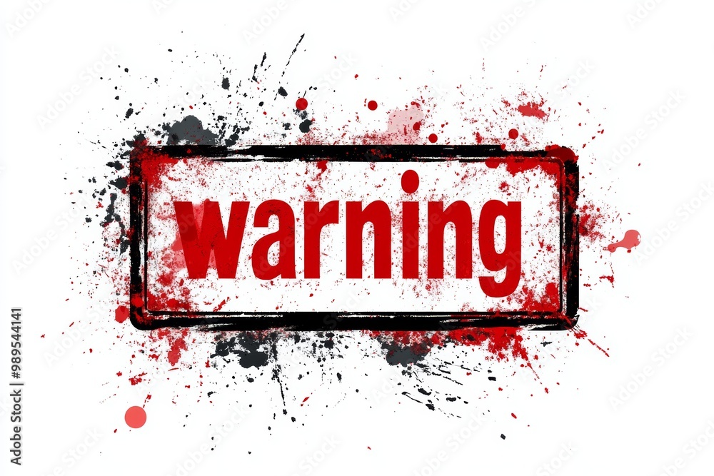 Warning label featuring bold red text with splatters of black and red ...
