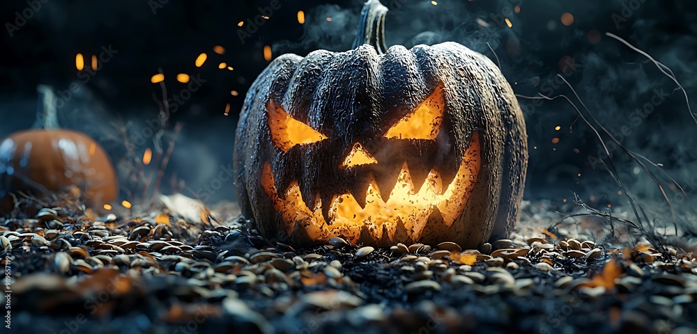 Terrifying pumpkin with monstrous features in the dark, seeds visible ...