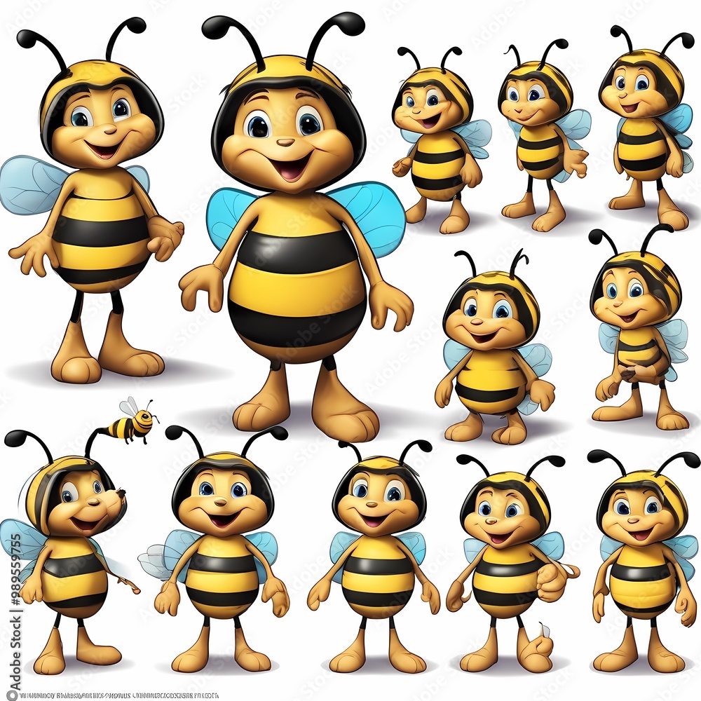 A vibrant collection of animated bees in various playful poses ...