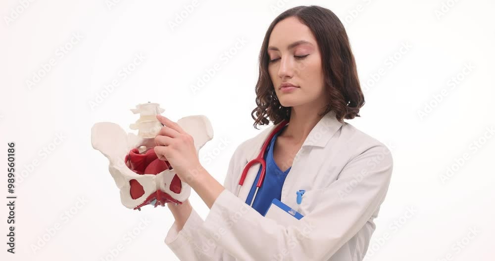 Confident doctor holds female pelvis anatomical model providing ...
