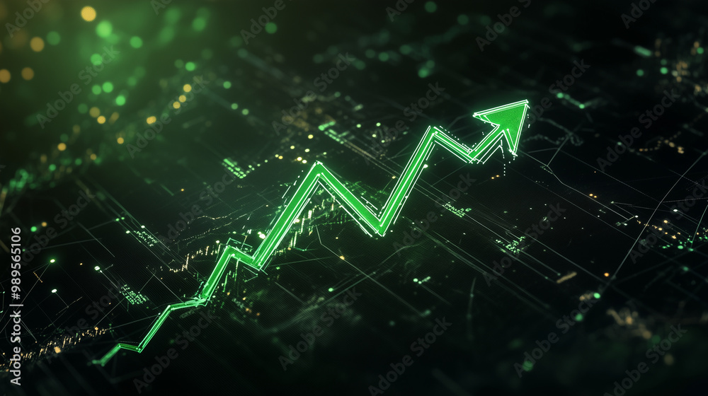 The upward trajectory of a green arrow in 3D business graphs showcases ...