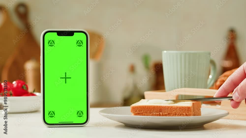 Phone with green screen chroma key on kitchen, restaurant cafe bistro ...