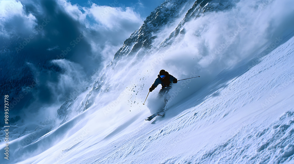 A skier outrunning a fast-moving avalanche with snow tumbling down the ...