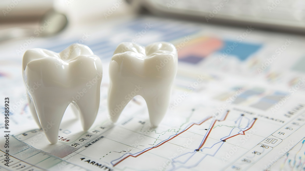 two model teeth placed on top of a graph and chart. This suggests a ...