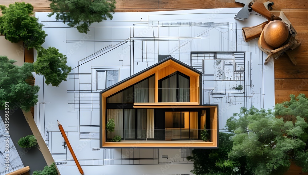 ภาพประกอบสต็อก Detailed house layout on table with architectural ...