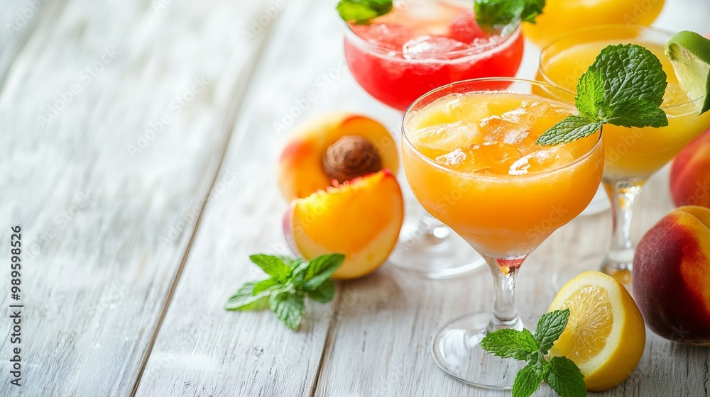 Cold fruit drinks for summer: a peach martini, a margarita, or a ...